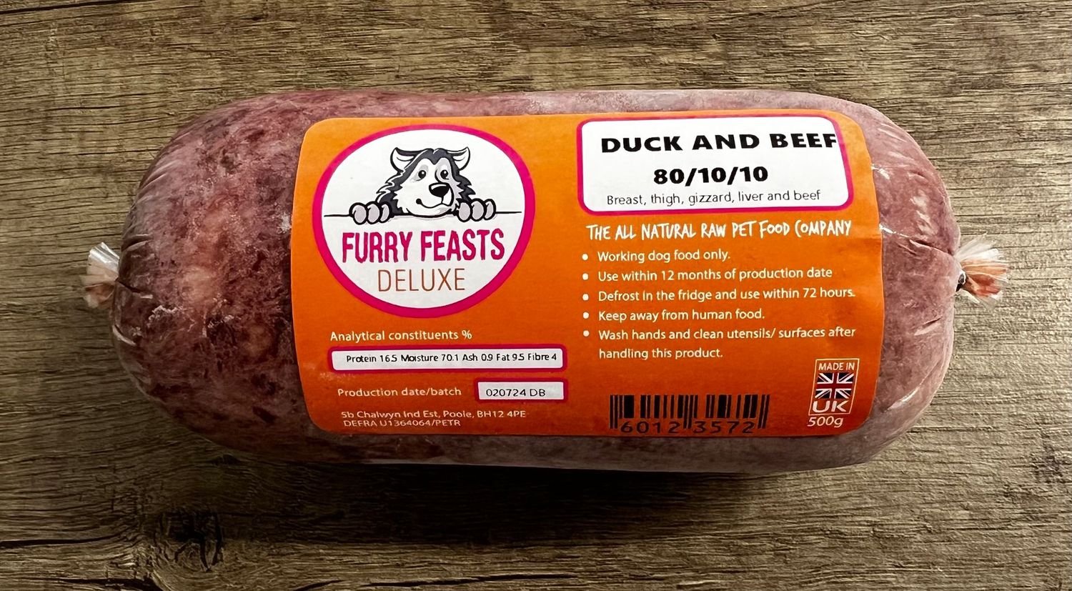 Furry Feasts ~ Deluxe Duck & Beef 80/10/10 500g - One Of The Family Raw ...